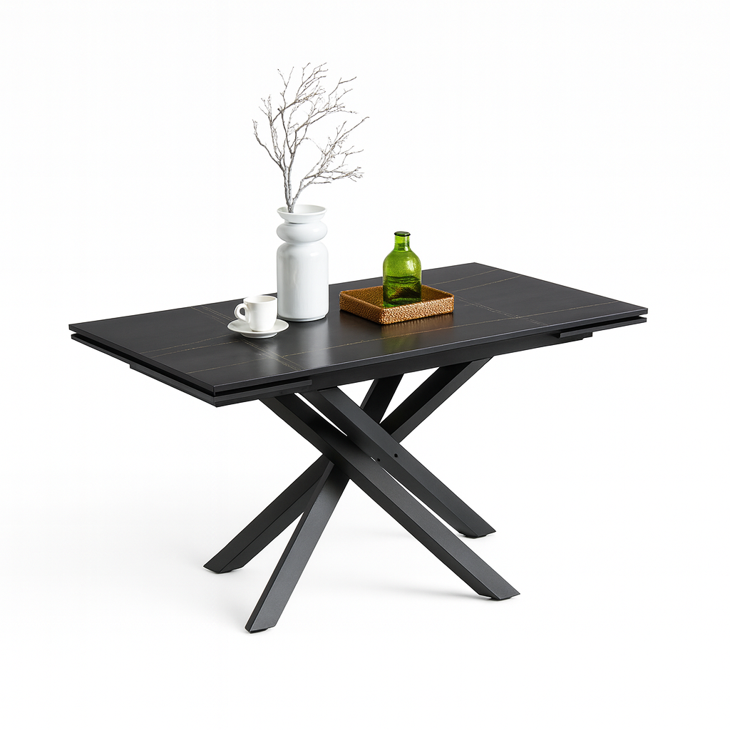 Tavolo "Rigel" con gambe in ferro e piano in ceramica nero, design mod ...