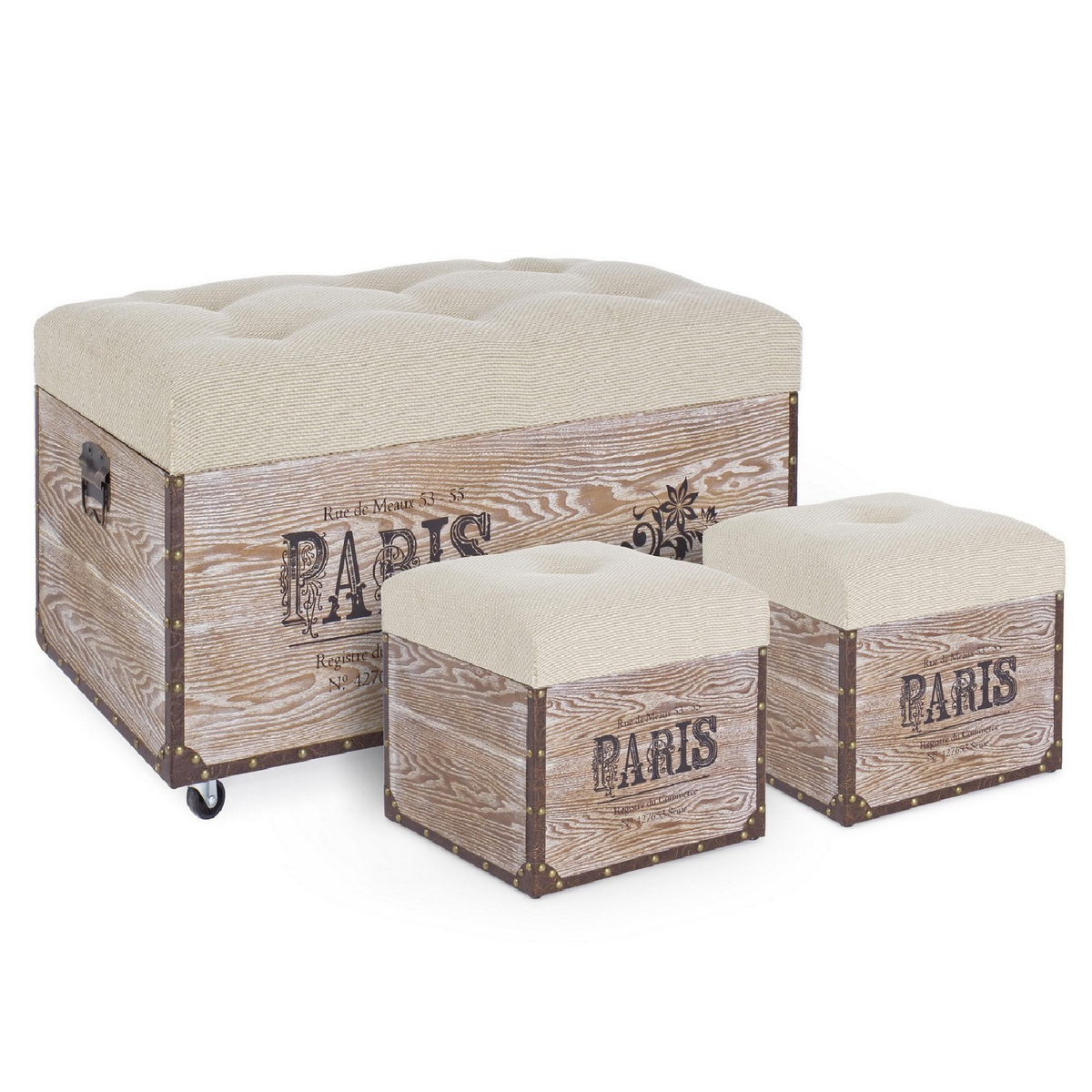 Set 3 Pouf "Travel Paris corda" effetto legno – Decorspace.it